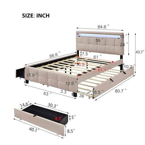 ATY Upholstered Queen Size Bed with Twin-XL Trundle and Two Drawers, Linen Fabric Platform Bedframe w/Lighting& Button Tufted Headboard, Save Space, 86.6" L X 64.6" W X 43.7" H, Beige