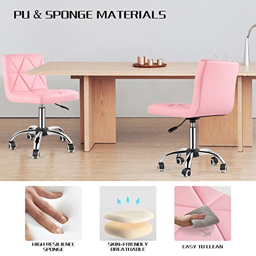 COSVALVE Armless Desk Chair Set of 2, Low Back Swivel Office Chair, Adjustable Task Chair with Rolling Wheels and Diamond Pattern, for Home Computer Barber, 2-Pack, Pink
