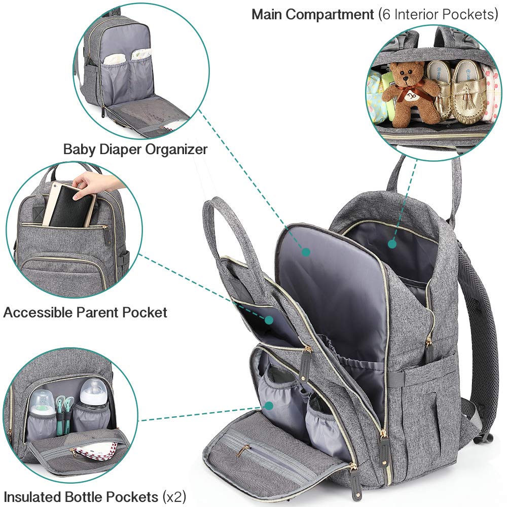 iniuniu Diaper Bag Backpack, Large Unisex Baby Bags Multifunction Travel Backpack for Mom and Dad with Changing Pad and Stroller Straps, Gray