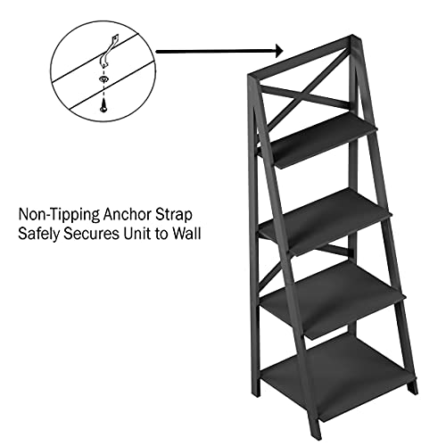 Lavish Home 4-Tier Ladder Bookshelf - Freestanding Shelved Bookcase with X-Back Frame and Leaning Look - Display Shelves for Home and Office (Gray)
