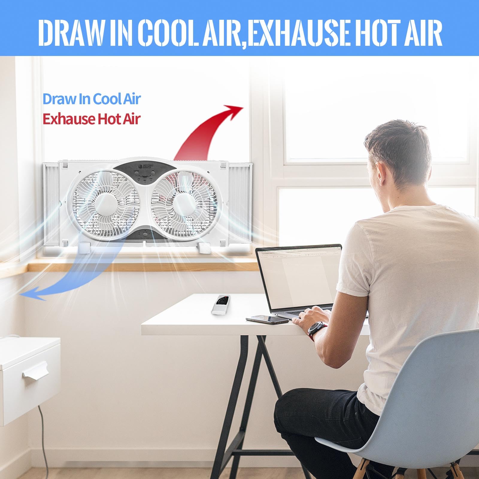BEYOND BREEZE 9" Twin Window Fan, 2-Speed Expandable Dual Window Fan with Reversible Airflow Blades, Manual Controls
