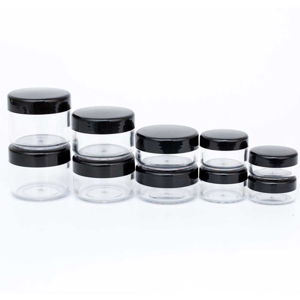 ZEJIA 10pcs Small Travel Containers, Black Sample Containers with Screw Lids, 5 Size 3/5/10/15/20 Gram Sample Jars with 12pcs Labels and 2pcs Mini Disposable Spatula, Makeup Sample Containers BPA Free