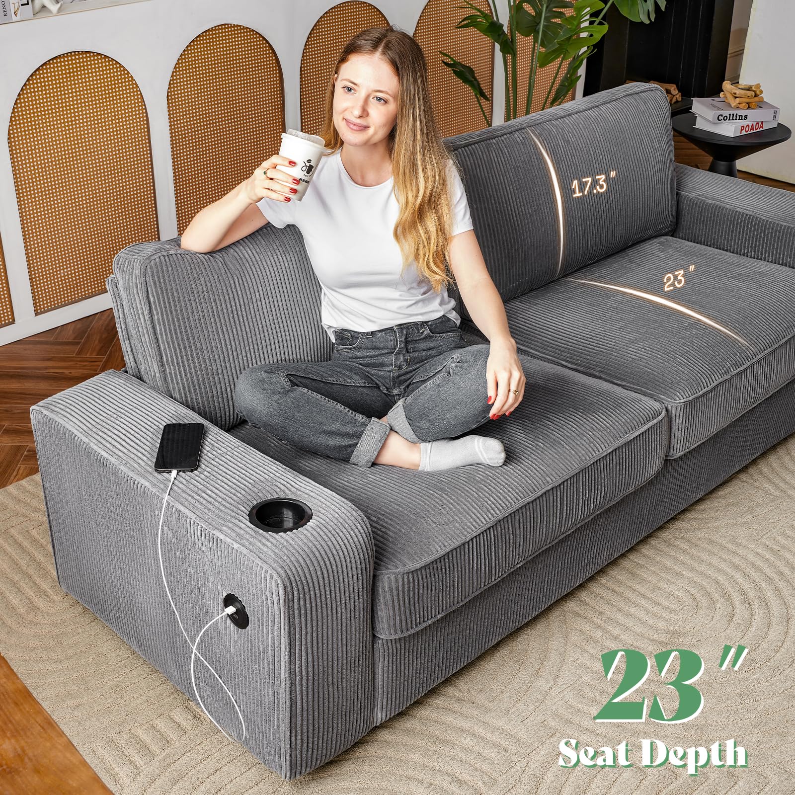 AMERLIFE Couch, 89 inch Sofa Couch- Deep Seat Sofa with 2 USB Charging Ports & 2 Cup Holders, 3 Seater Couch with Grey Corduroy, Modern Sofas for Living Room