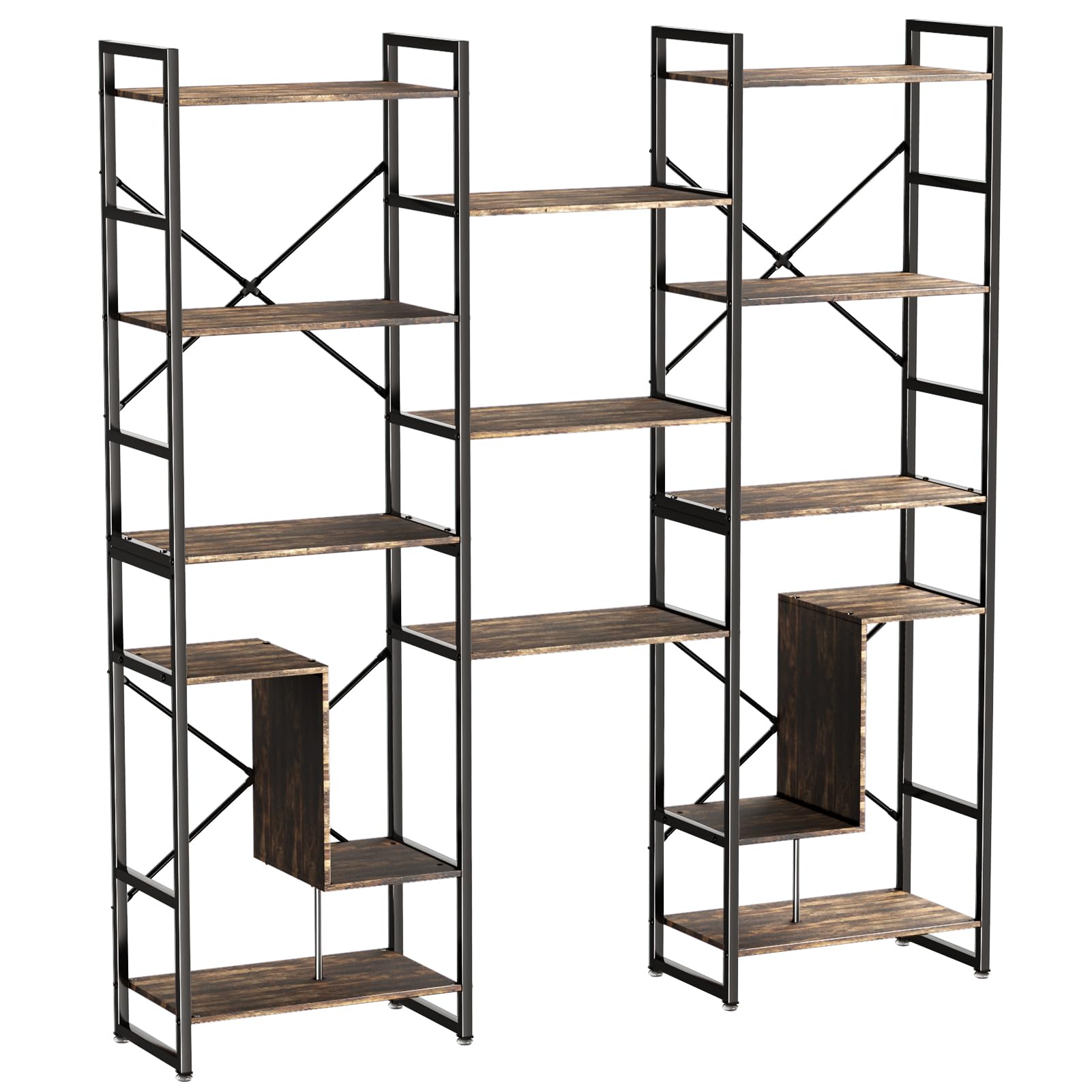 BALLMENT Large Bookshelf,Triple Wide 5 Tier Book Shelf,Industrial Metal Bookacse with 15 Open Display Shelves,Modern Rustic Brown Bookshelve for Office, Living Room,Kitchen,Library - Rustic Brown