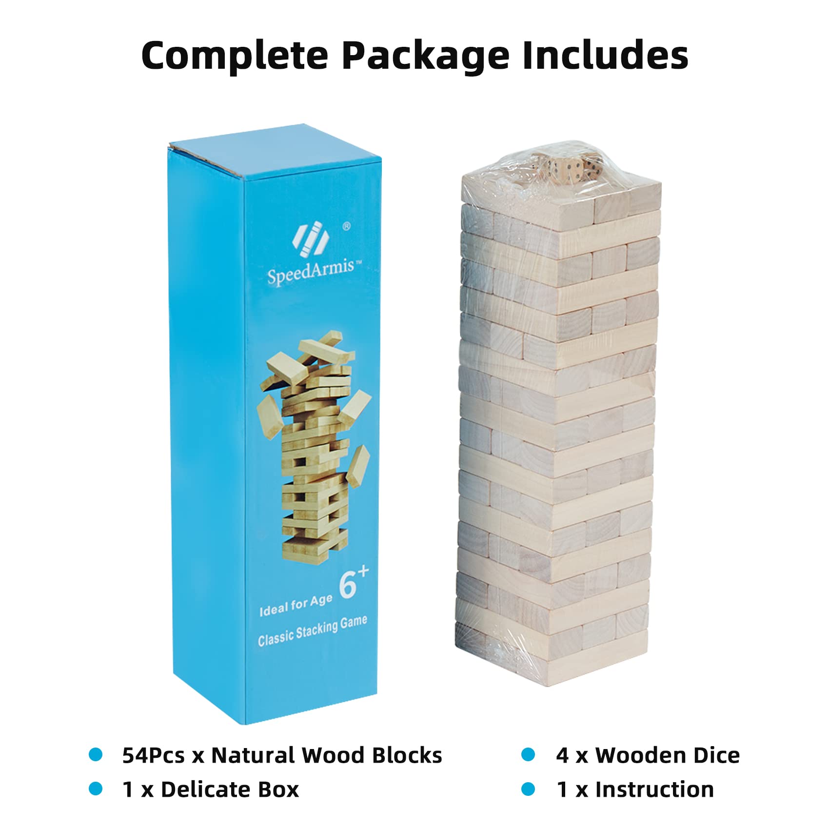 SpeedArmis Mini Tumble Tower, 54PCS Wooden Stacking Game for Teens - Pine Stack Timber Board Games with 4 Dice Set - Classic Xmas Gifts for Kids
