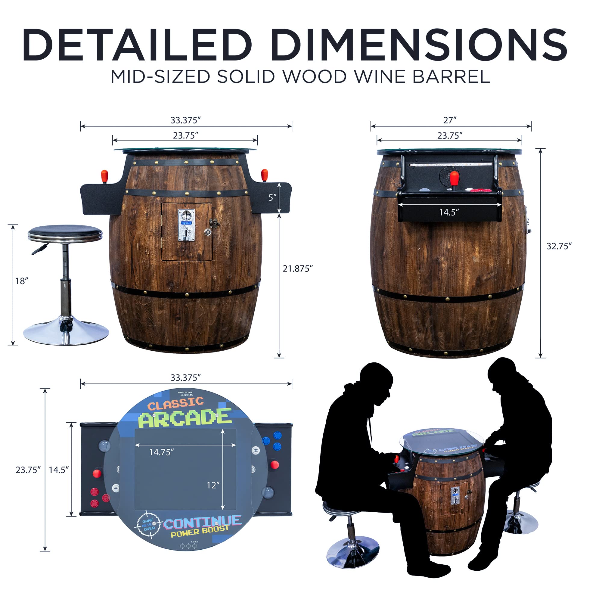 Creative Arcades Full Size Commercial Grade Wine Barrel Style Pub Arcade Machine | 2 Player | 412 Games | 19" LCD Screen | Round Glass Top | 2 Sanwa Joysticks | 2 Stools Included | 3 Year Warranty