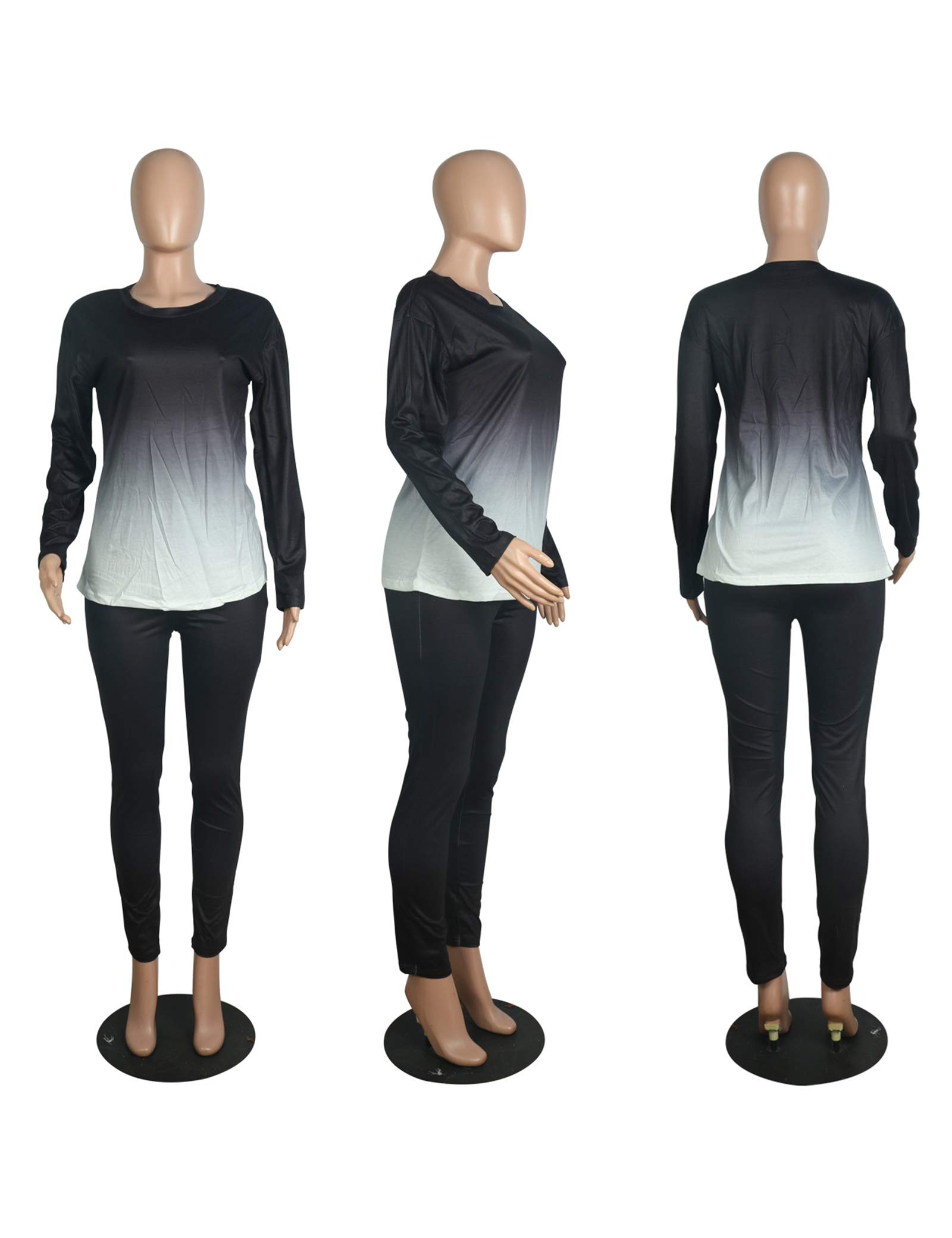 Angsuttc 2 Piece Pants Outfits for Women, Gradient Long Sleeve Pullovers and Skinny Pants Set Tracksuit Black XXL