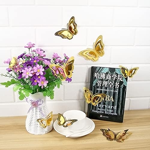 HUSGA Butterfly Wall Decor, 3 Sizes Butterfly Cake Decorations, Three-dimensional hollow design Hanging butterfly for Garden Themed Tea Party Graduation Wedding Baby Shower. (Gold)