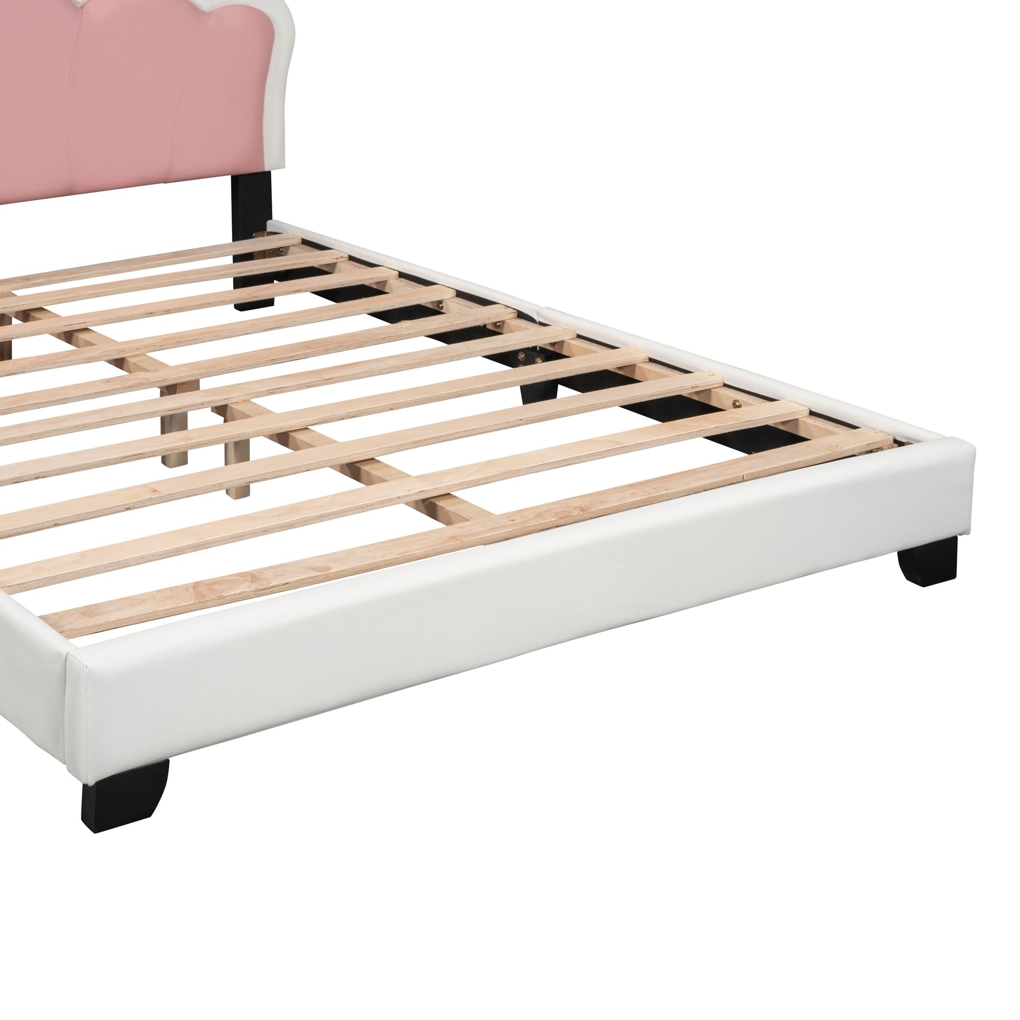 Ball & Cast Full Size Upholstered Platform Bed with Crown Headboard,Princess Bed W/Footboard,Wood Slats Support,for Bedroom Apartmrnt Guest Room,White+Pink
