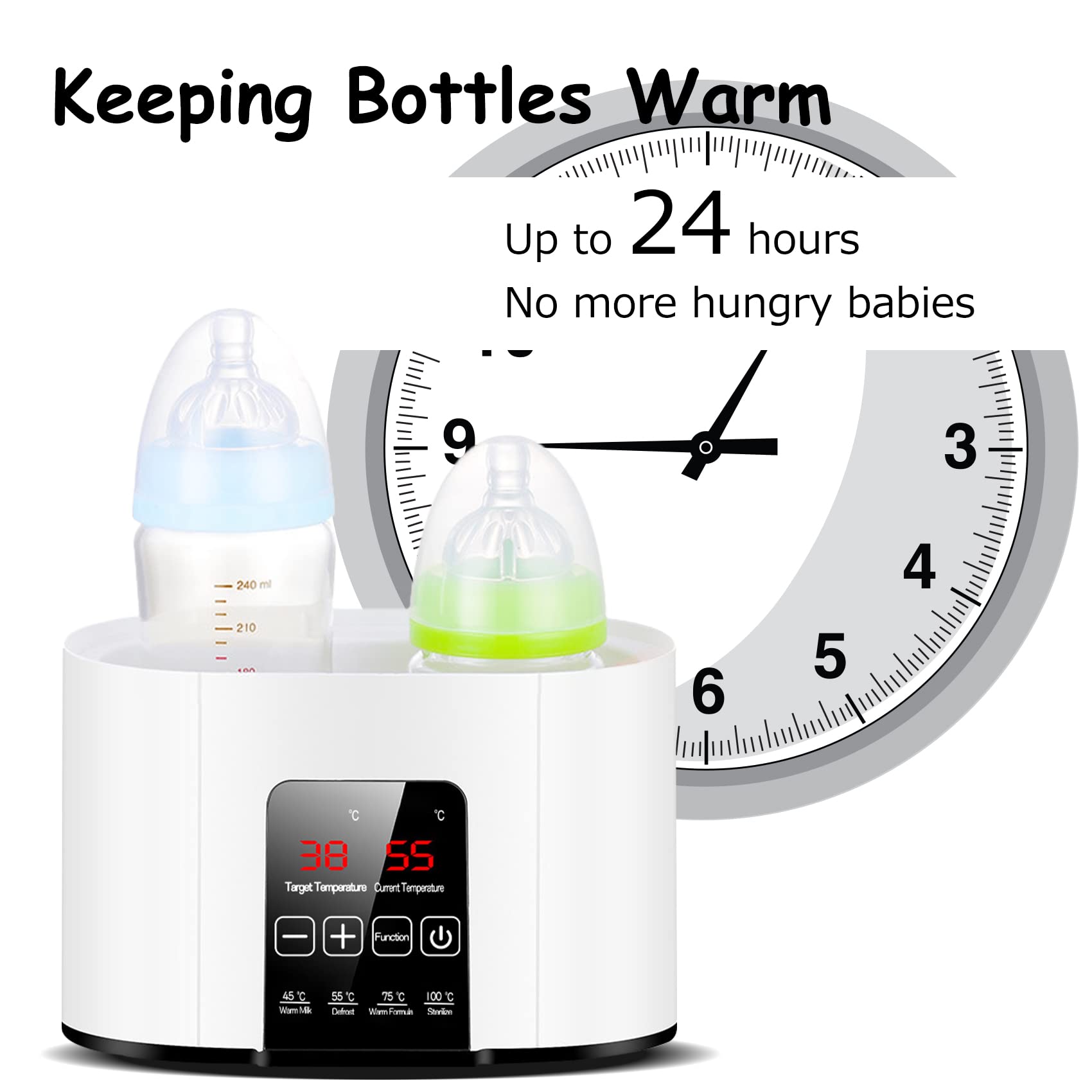 Baby Bottle Warmer, 4-in-1 Food Heater with Automatic Shut-Off / 2 Bottle Capacity BPA Free Milk Warmer with LCD Display for Breastmilk and Formula