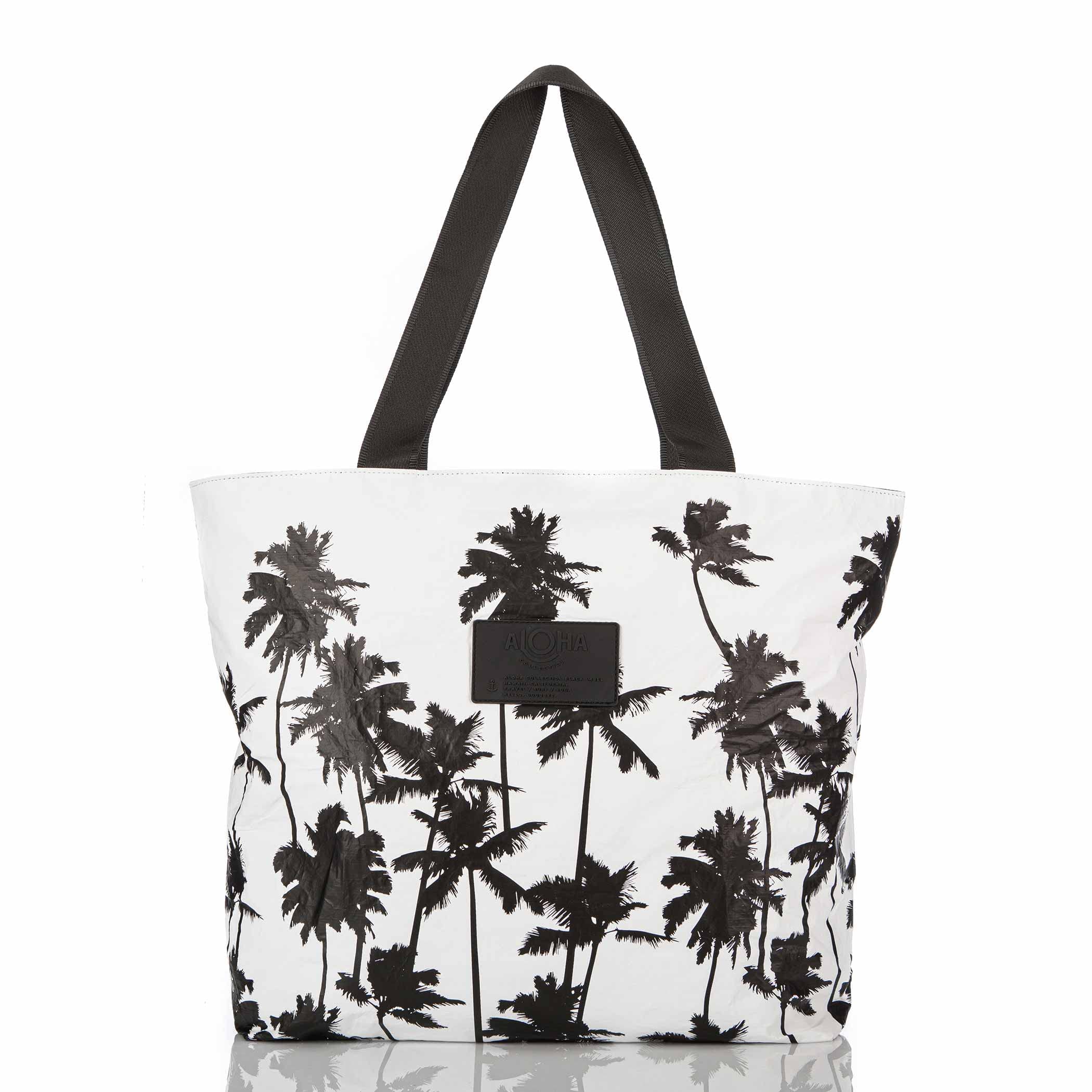 ALOHA Collection Waipi'o Day Tripper Tote in White on Black | Lightweight, Packable, and Splash-Proof Beach Tote Bag | Easy to Clean