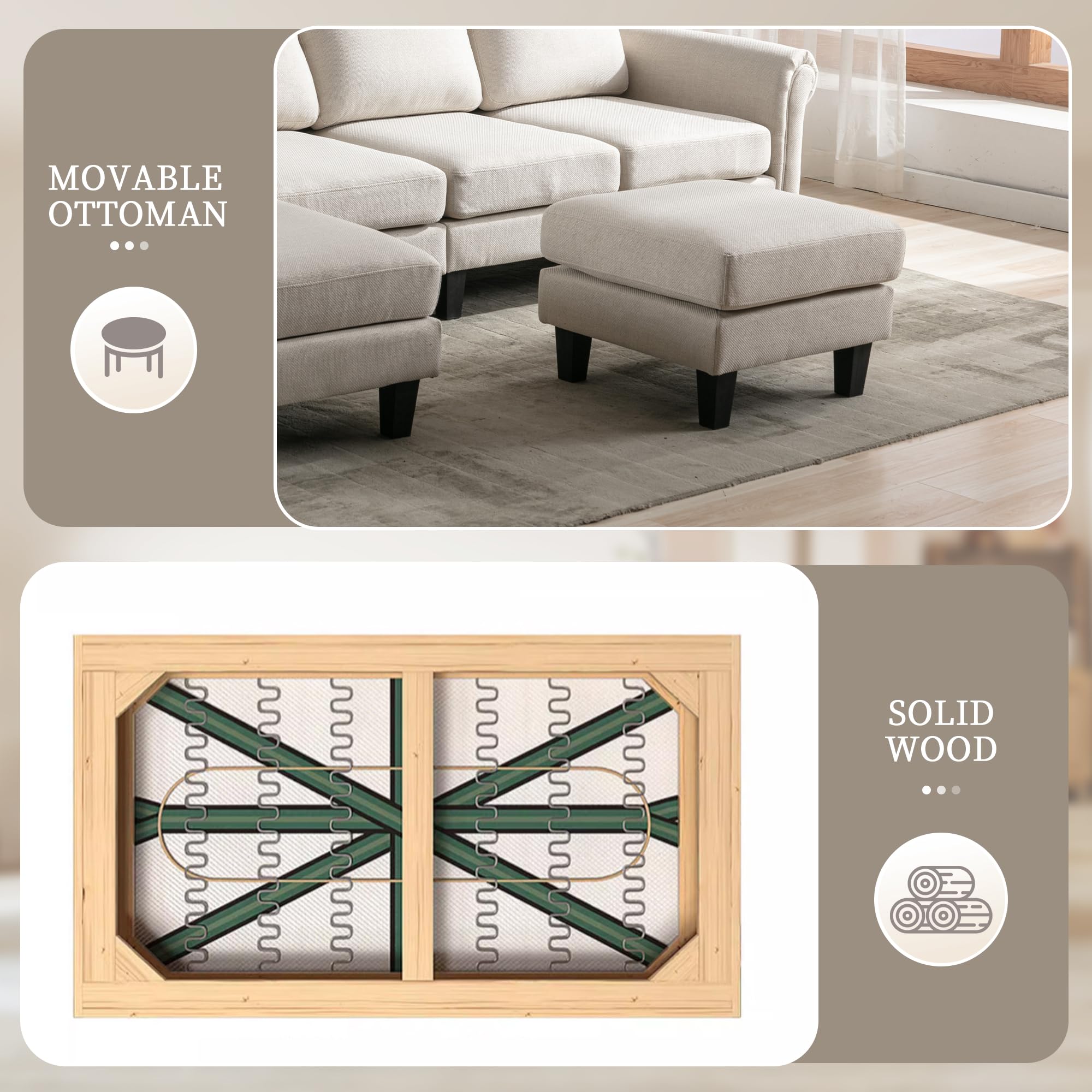 Ball & Cast 108.66" Modular Sectional Sofa with Removable Ottoman,U-Shaped 3 Seater Sofa with Reversible Chaise and Rolled Arms for Living Room, Apartment, Linen Fabric,Beige
