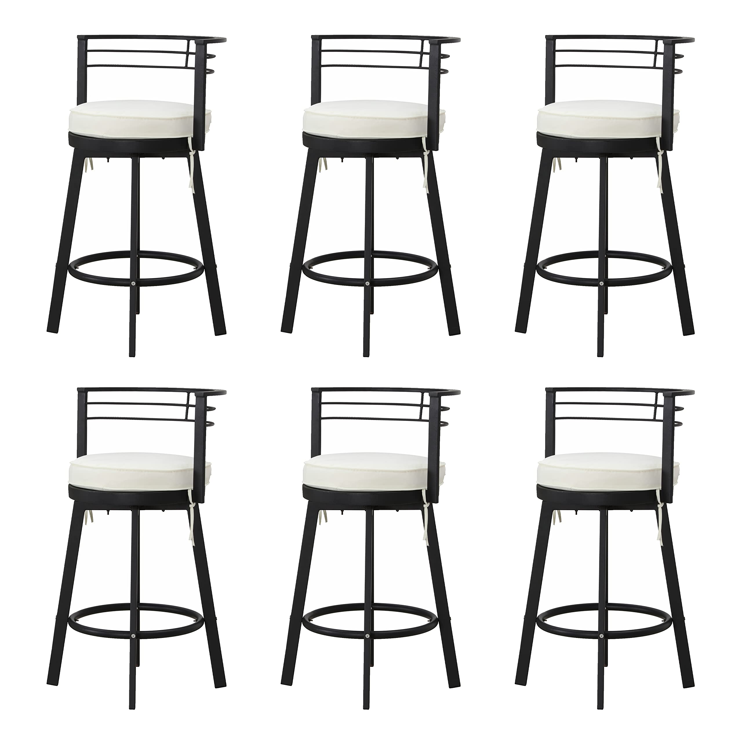 Festival Depot 6 Pcs Patio Swivel Chair Bar Stools Outdoor Armchair with Black Metal Frame Removable Cushion for Bistro Bar Indoor Home Counter Garden Pool (Beige)