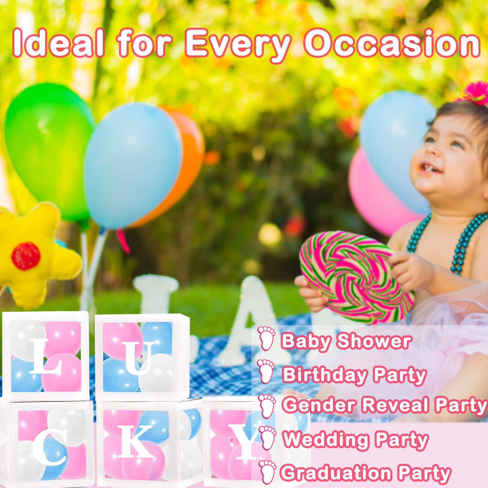 Baby Boxes with Letters, 5 Transparent Baby Shower Balloon Boxes with 78 Letters & Numbers for Gender Reveal Decorations Birthday Wedding Party Grad Backdrop Bridal Shower, White