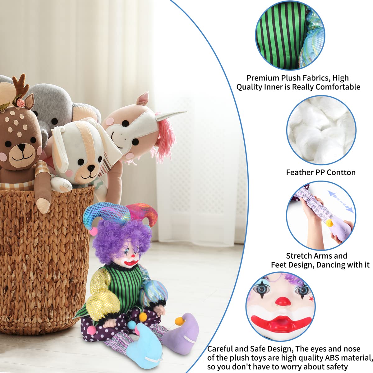 GARUNK 37.4" Plush Clown Doll - Baby Girl Birthday Gift - Cute Stuffed Toy with Retractable Arms & Legs, Purple