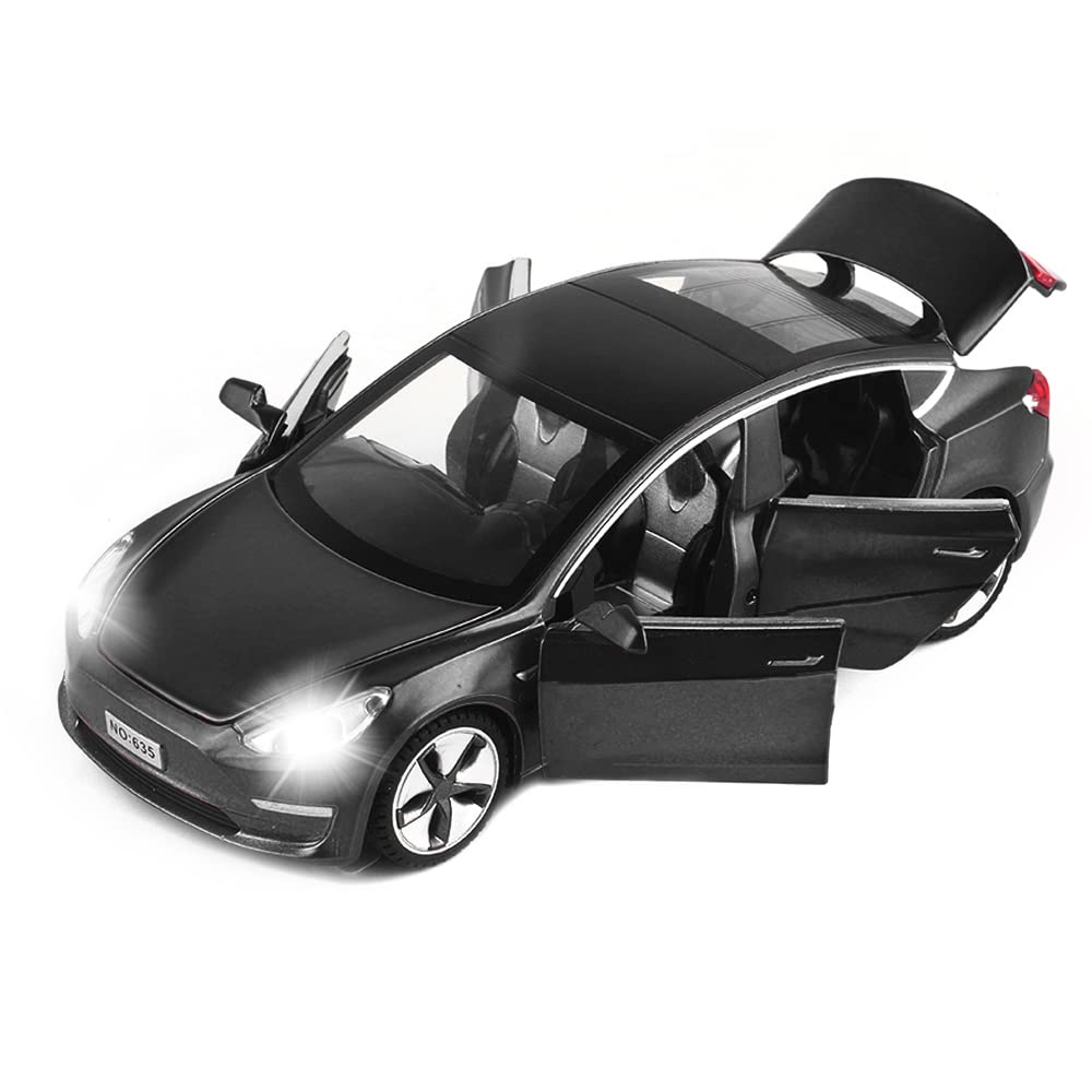 Model 3 Toy Car, 1:32 Zinc Alloy Diecast Car Toys for Kids, Pull Back Collectible Vehicle Toy Door Opening Scale Car Model with Sound and Light, Birthday Gift for Boys Girls 3+ Years Old
