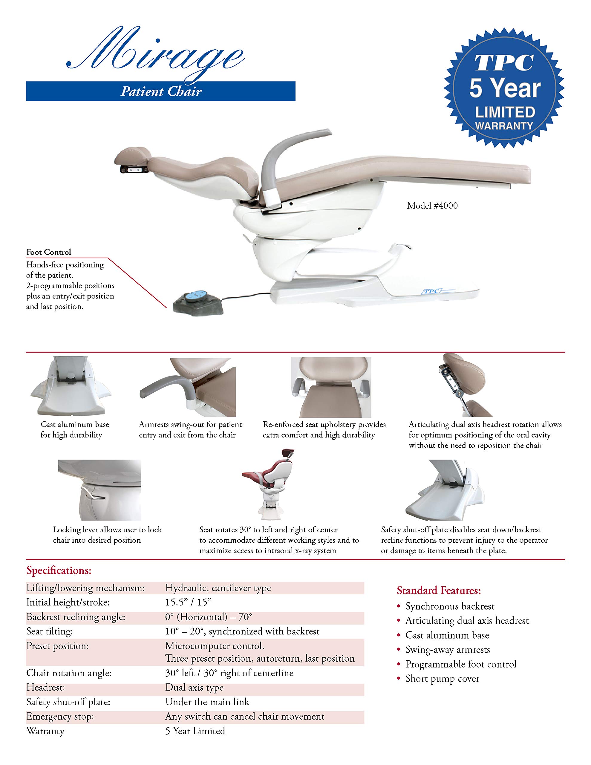 TPC Mirage Hydraulic Dental Chair 110V