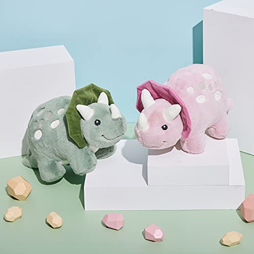 TCBunny Baby Dinosaur 12" Bedtime Stuffed Animal 2-Piece Plush Set, Prefect Kid's Gifts for Boys, Girls, Birthday, Valentine, Christmas (Triceratops-Pink & Green)