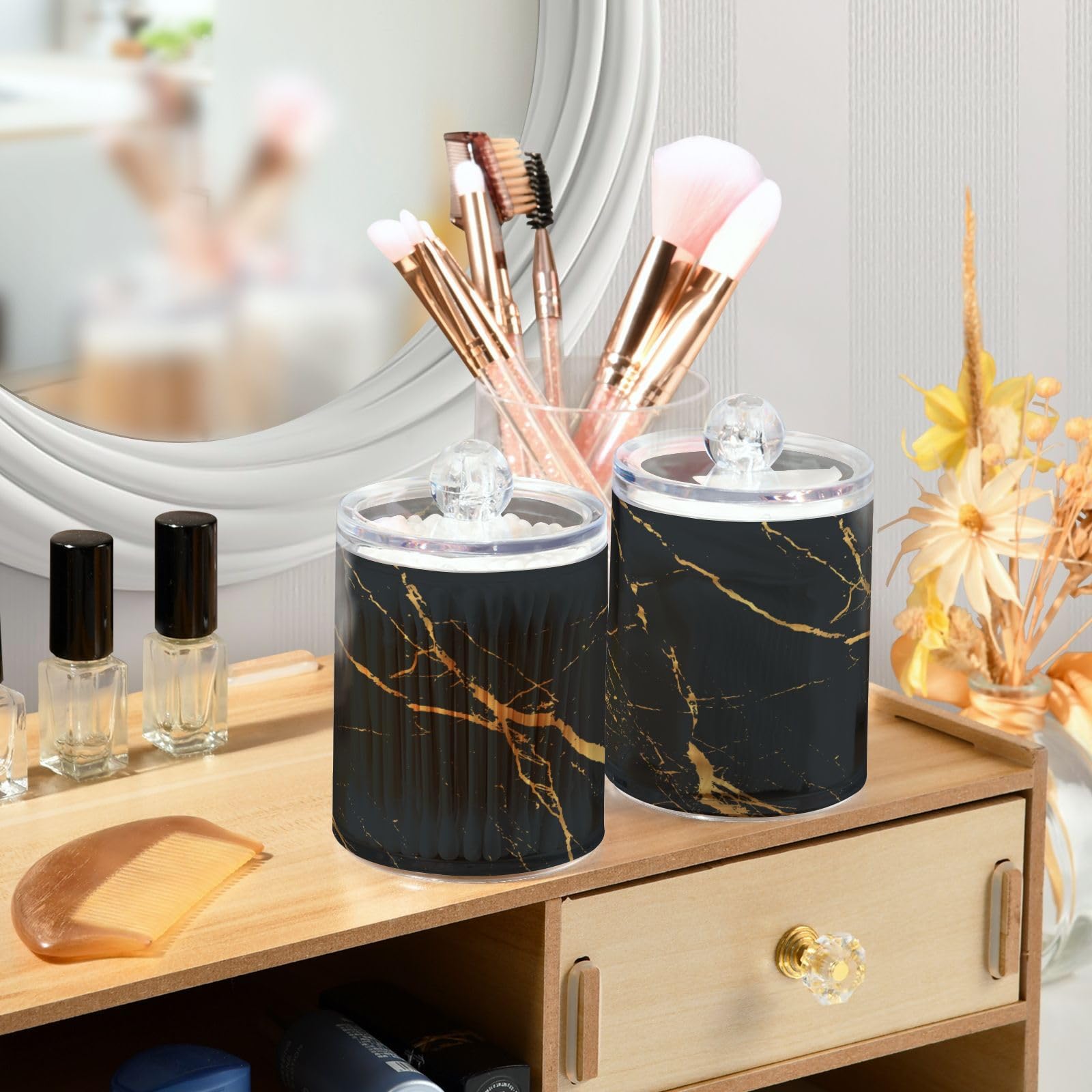 BOENLE 2 Pack Qtip Holder Organizer Dispenser Gold Black Marble Texture Bathroom Storage Canister Cotton Ball Holder Container for Cotton Pads/Swabs/Floss