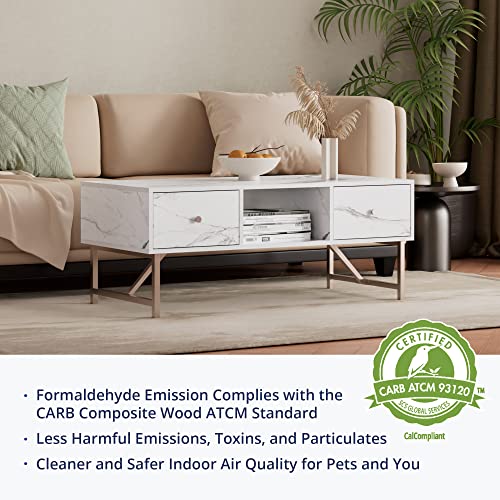 Cozy Castle Coffee Table with Drawers, 43" Mid Century Modern Coffee Table with Storage, Coffee Table with Metal Legs, Wood Small Coffee Table for Living Room, Bedroom and Office, White