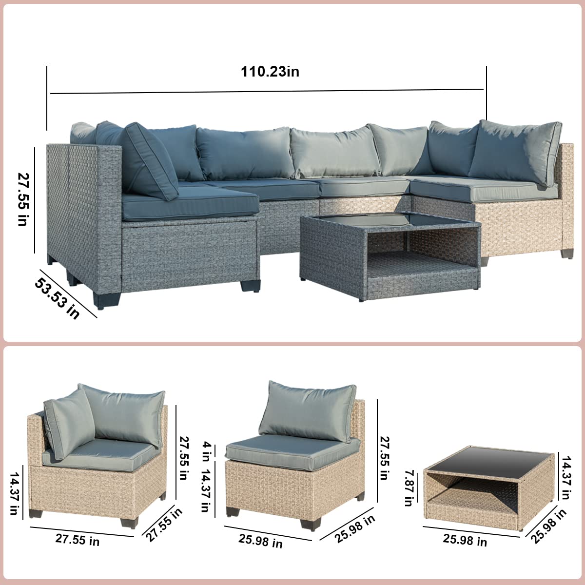 Aug-guan 7-Piece Patio Furniture Set, All-Weather Outdoor Conversation Set Sectional Sofa with Water Resistant Grey Thick Cushions and Coffee Table(Grey)