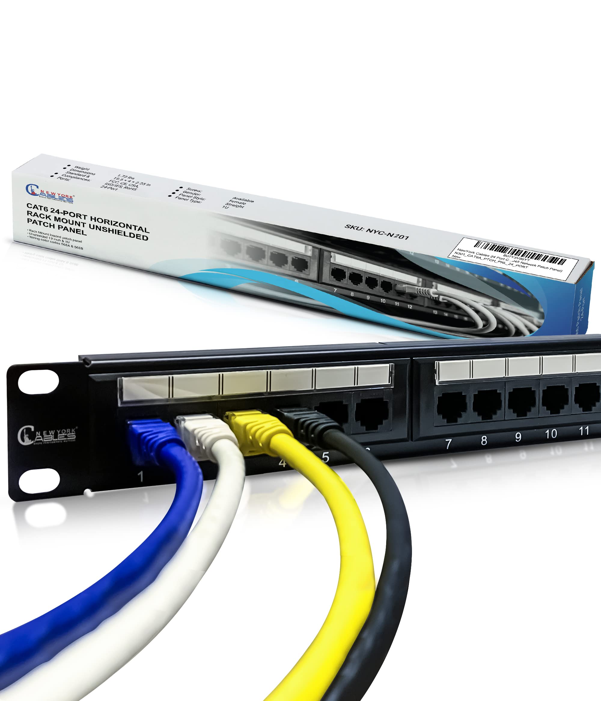 NewYork Cables® Cat6 24 Port Patch Panel – 19 Inch, 1U Patch Panel for Easy Rack Mount or Wall Mount, Clear Labeling & Exceptional Durability – Cat6 Patch Panel Compatible with Cat5e & Cat6 Cables
