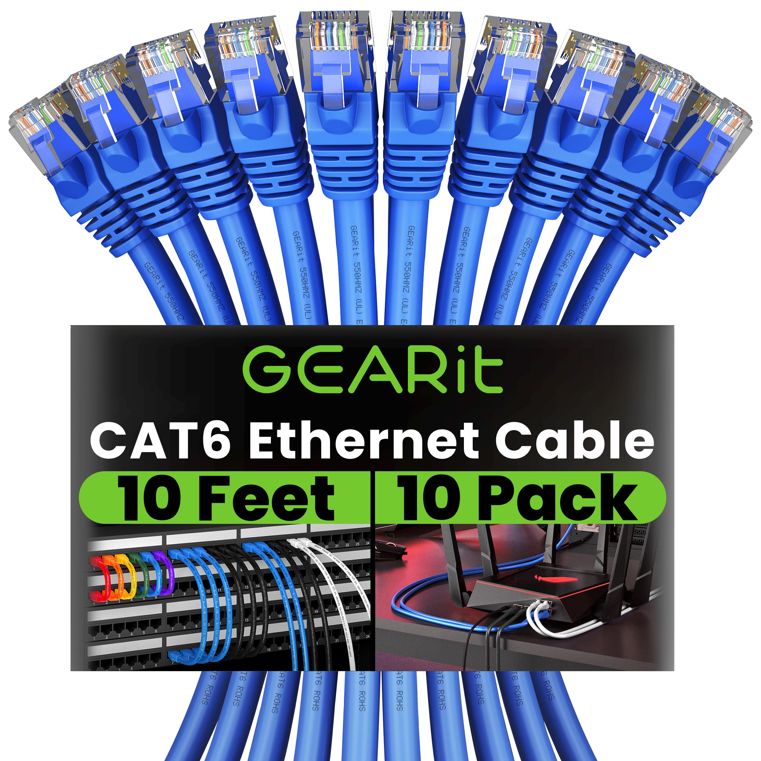 GearIT Cat 6 Ethernet Cable (10-Pack 10 Feet) Cat6 Network Patch, 10Gbps, RJ45, Snagless Cord, Gold-Plated Connectors, Internet for PC, TV, Tablet, Router, Printer, Servers, IT Data Center - Blue