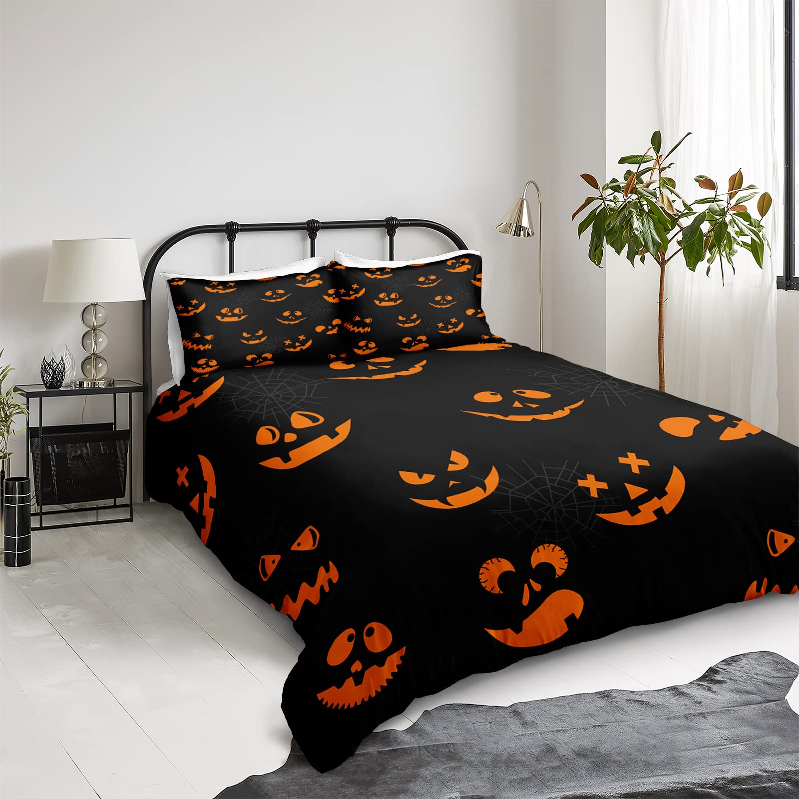 Bedorm Halloween Duvet Cover Set Orange Pumpkin Bedding Set Cute Pumpkin Ghost Cartoon Pattern Happy Halloween Decor Bedding King with 2 Pillowcases