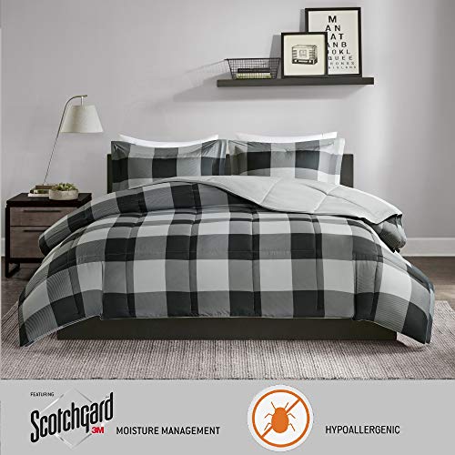 Madison Park Essentials Plaid Sets 3M Scotchgard Moisture Wicking - Ultra Soft Down Alternative Microfiber Bed Comforters, Twin/Twin XL, Grey/Black