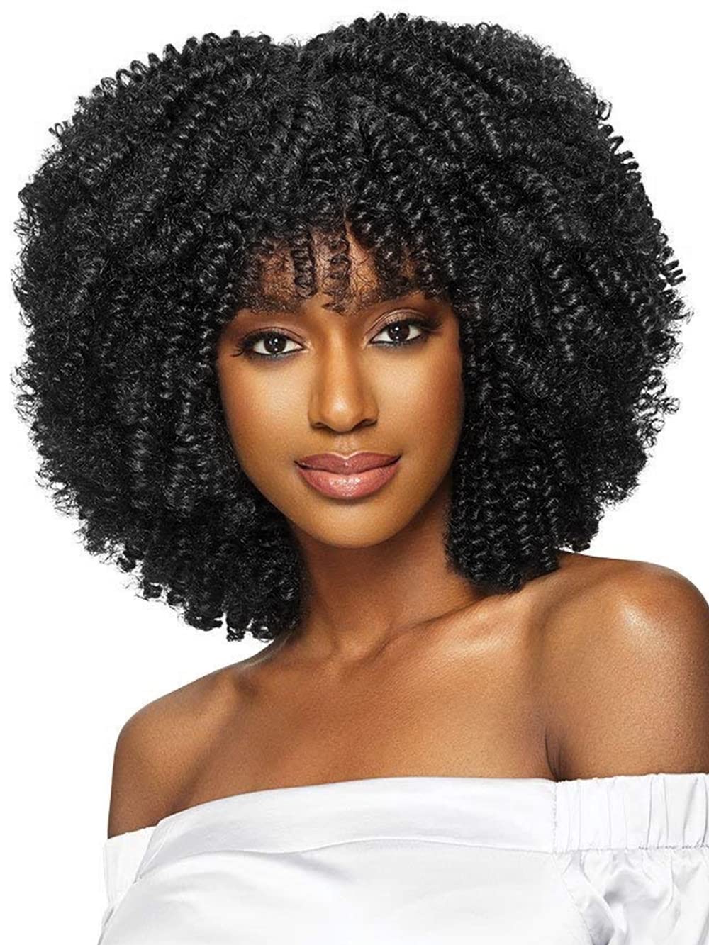 Aminow Afro Kinky Curly Wigs for Black Women Glueless Synthetic Short Curly Afro Wig with Bangs Natural Black 12 Inch