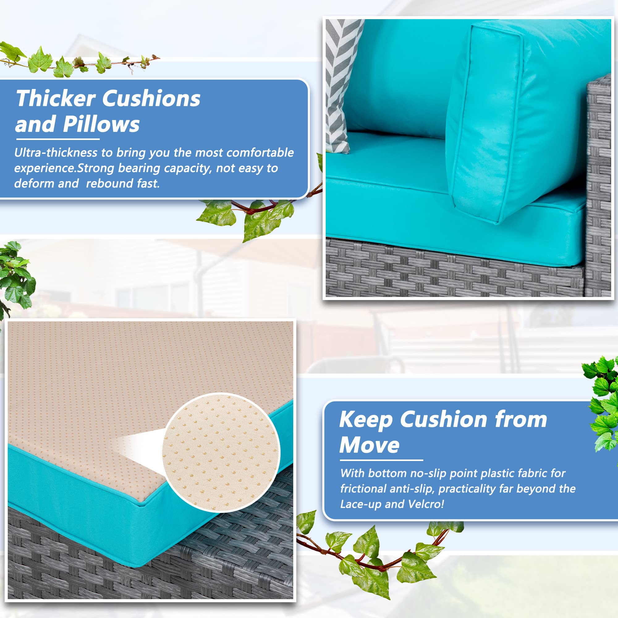 Shintenchi 7 Pieces Outdoor Patio Sectional Sofa Couch, Silver Gray PE Wicker Furniture Conversation Sets with Washable Cushions & Glass Coffee Table for Garden, Poolside, Backyard (Sky Blue)