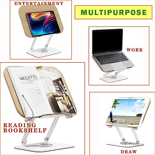 Book Stand for Reading Hands Free,Multi-Angle Adjustable Book Holder Stand with 360° Rotating Base & Page Clips,Foldable Cookbook Stand for Laptop Display Textbook Recipe Book Document Sheet Music