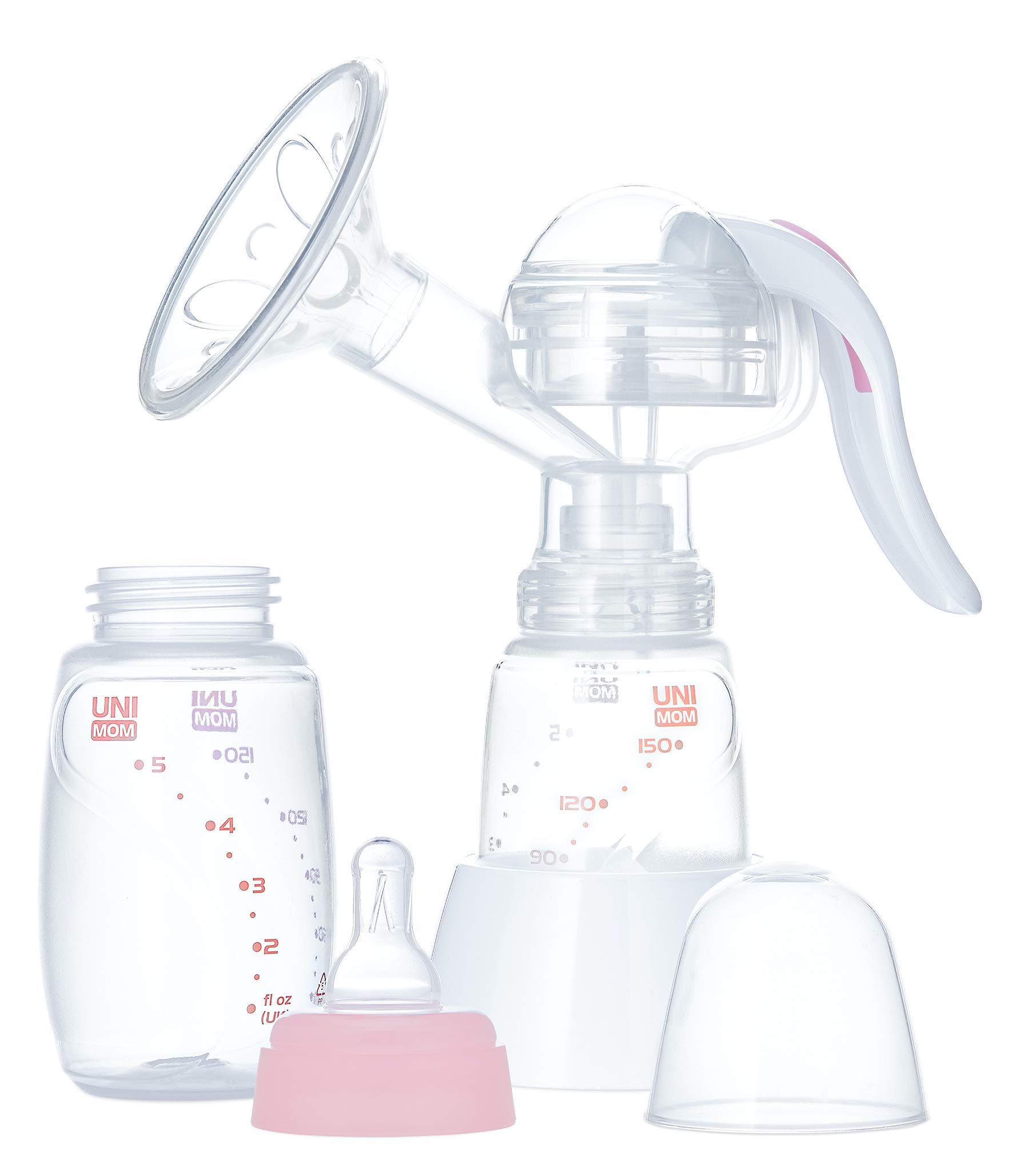 Unimom Manual Breast Pump with Soft Silicone Massaging Breast Shield – Ergonomic Rubber Handle - Includes Bottle and Stand - BPA Free – by Unimom