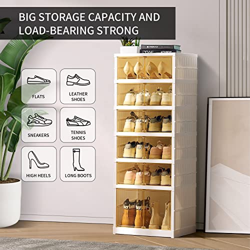 CIMLORD 6-Tier Foldable Shoe Rack Organizer for Closet 6-12Pairs Plastic Collapsible Shoes Storage Box Clear Shoe Boxes Stackable with Door Easy Assembly Shoe Cabinet Bins with Lids Large