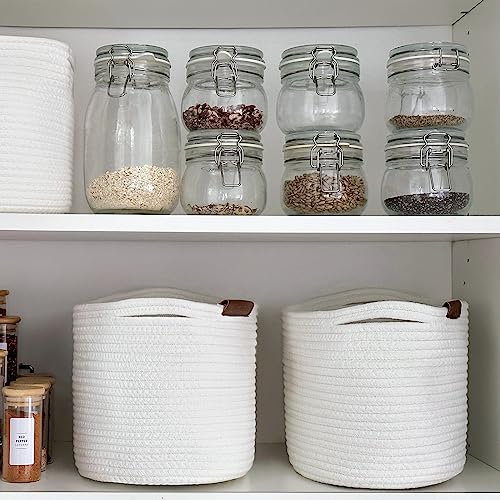 CHICVITA Woven Storage Basket for Shelves, Cotton Rope Dog Toy Bin, Empty Gift Basket with Handles, Small Laundry Baskets for Cloth Towel Shoes, White Oval Basket 3 Packs