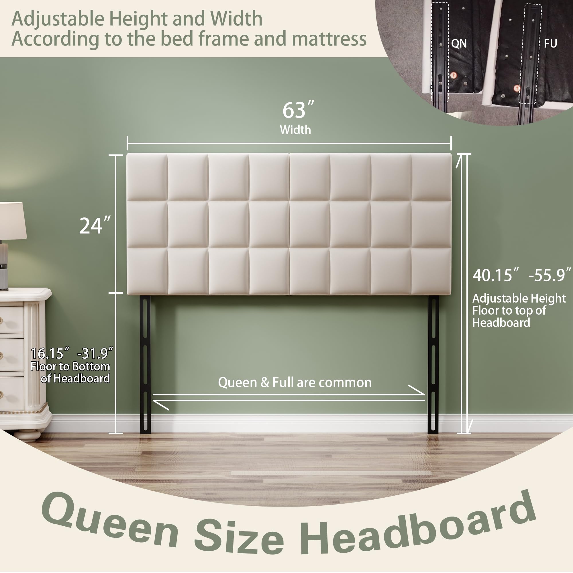 Andeworld Velvet Upholstered Tufted Queen Size Headboard,Wood Head Board with Metal Legs, Adjustable Height from 42β to 56β, Bed Headboard in Modern Design,Backboard for Bed, Beige