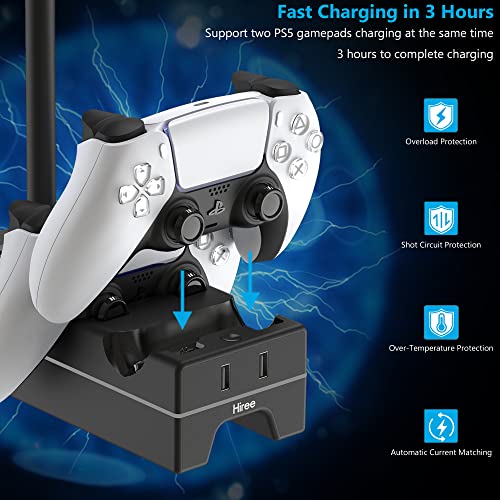 PS5 Controller Charger, Hiree RGB PS5 Controller Charging Station with 2 USB Charging Ports, Headphone Stand, Compatible with Sony Playstation 5 Dualsense Controller