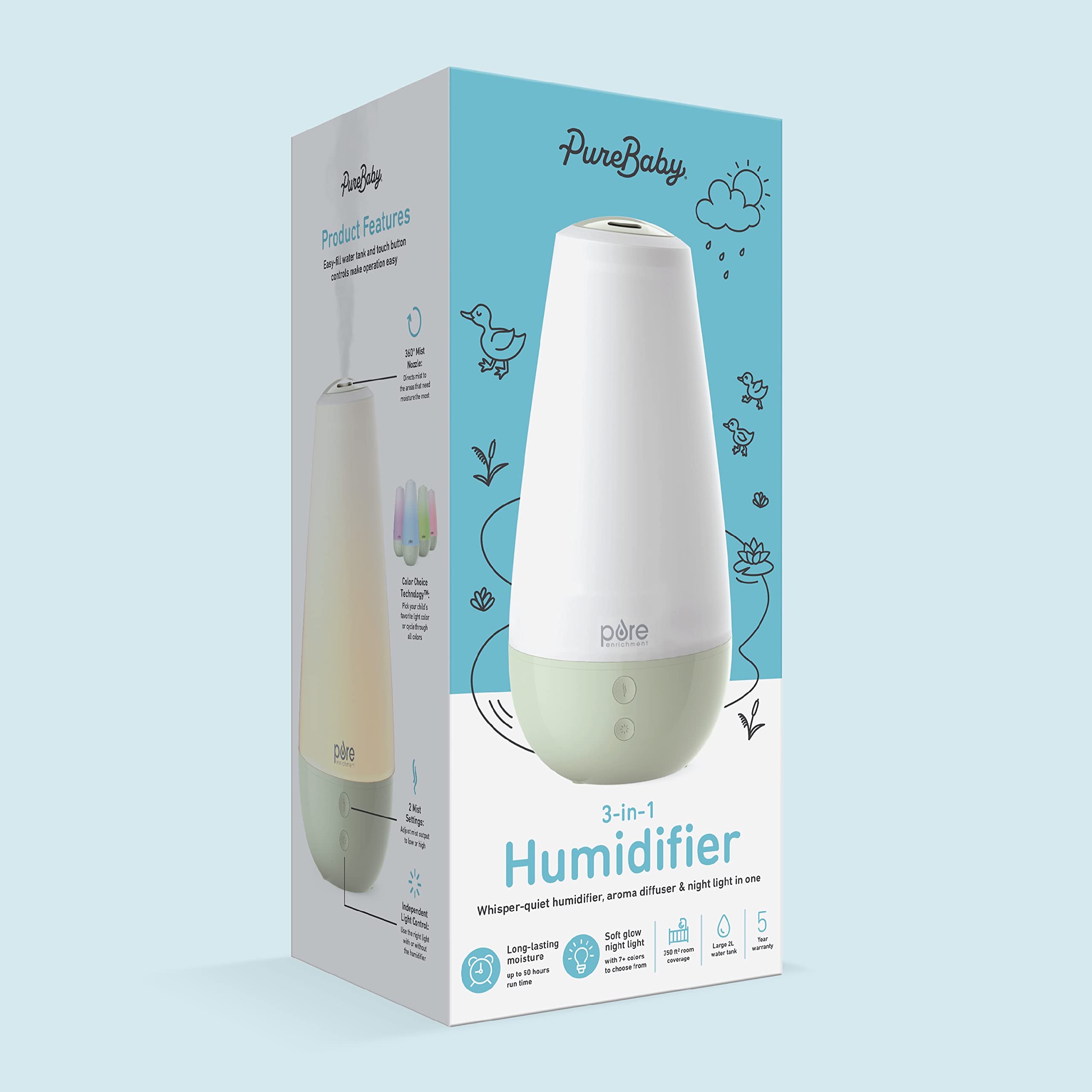 Pure Enrichment® PureBaby® 3-in-1 Whisper-Quiet Humidifier, Color Changing Night Light, & Essential Oil Diffuser for Baby Nursery & Kids Bedroom to Relieve Congestion, Colds, & Coughs (Whisper Green)