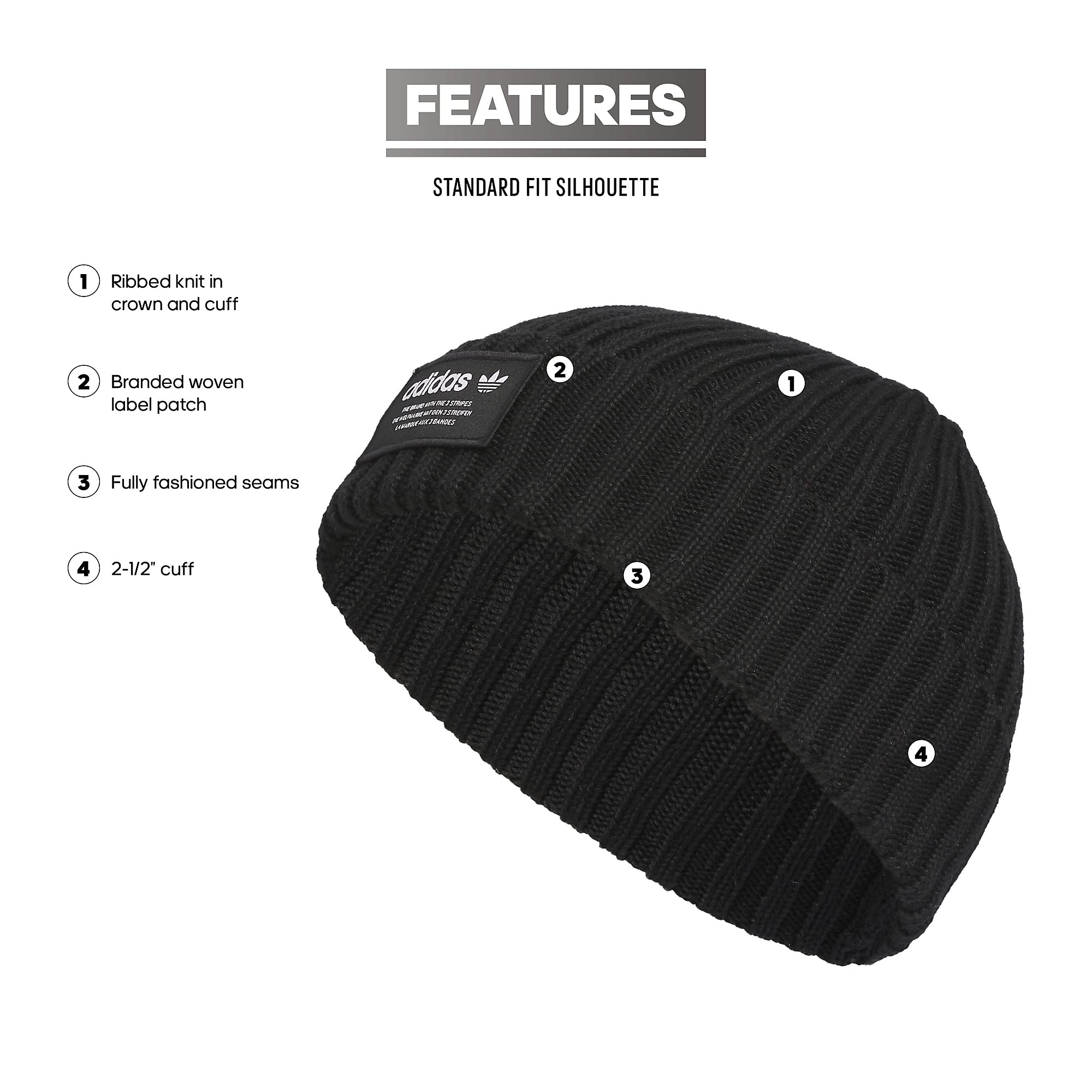 adidas Originals Rib Cuff Fold Beanie, Semi Impact Orange/Black/White, One Size