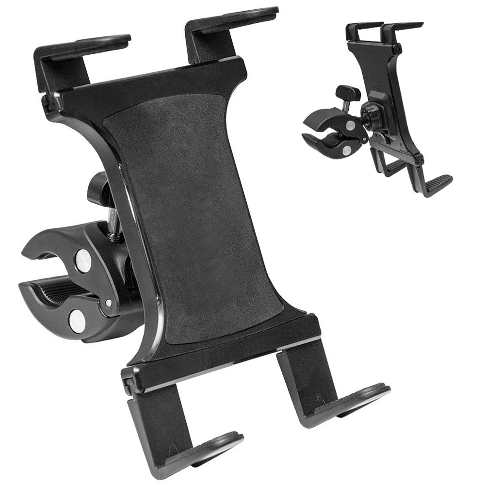 Heavy Duty Rail Pole Clamp Handle Bar Mount w/Universal iPad Pro Tablet Holder for Stationary Treadmill Elliptical Exercise Spin Bike Microphone Stand & Boat Helm