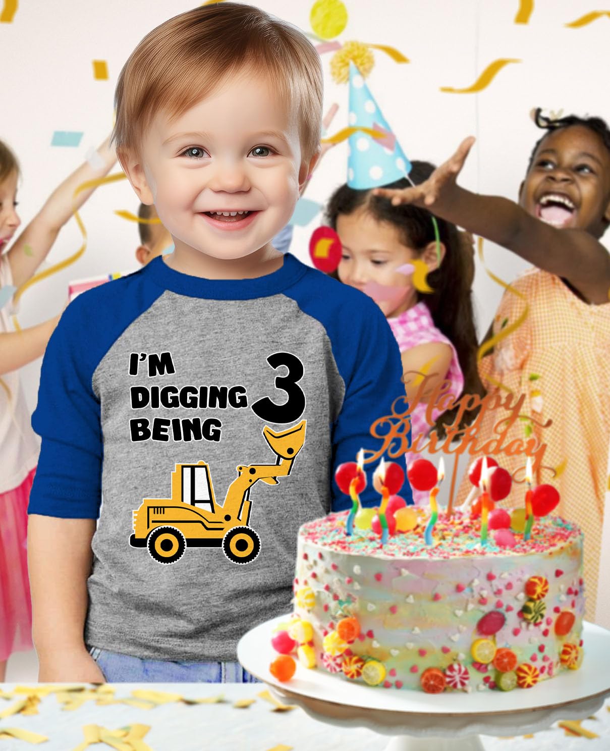 I'm Digging Being 3 3rd Birthday Shirt Boy Construction Kids Raglan T-Shirt Blue 3T