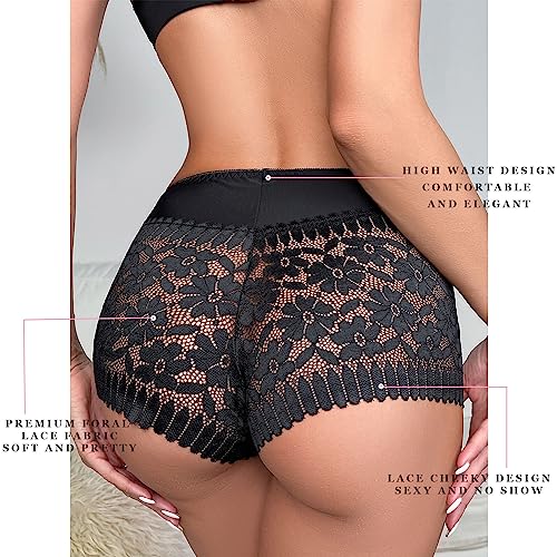 Cinvik Big Womens High Waist Underwear Foral Lace No Trace Mid-high Waisted Mesh Sexy Plus Size with Lacy Trim Panties Satin Control Top 1XL