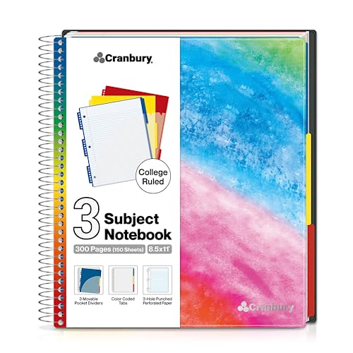 CRANBURY 3-Subject Notebook College Ruled - 300 Pages (150 Sheets) Spiral Notebook 8.5 x 11 with Pockets, Dividers, Tabs, Dual Plastic Covers, School Supplies Multi Subject Notebook