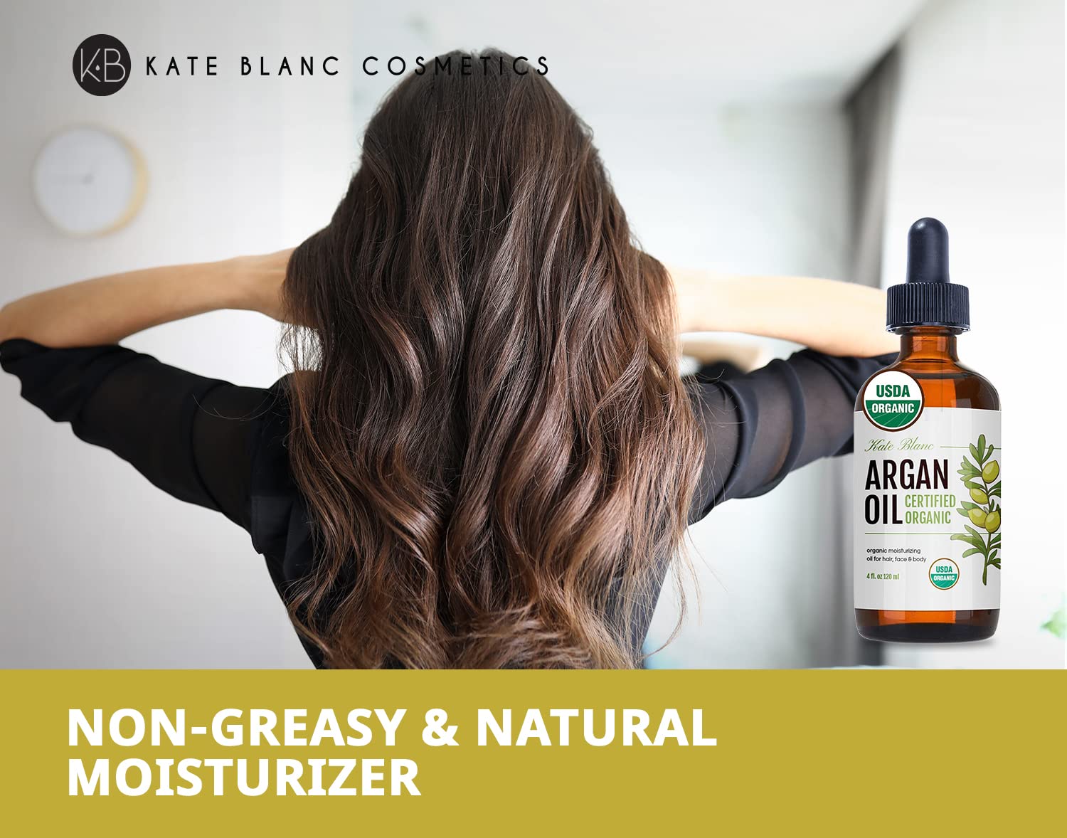 Kate Blanc Cosmetics Argan Oil for Hair, Face & Skin from Morocco. Promotes Hair Growth (4oz, USDA Certified Organic, Cold Pressed & 100% Pure, Light)