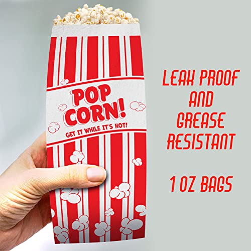 Popcorn Bags Coated for Leak/Tear Resistance. Single Serving 1oz Paper Sleeves in Nostalgic Red/White Design. Great Movie Theme Party Supplies or for Old Fashioned Carnivals & Fundraisers! (200)