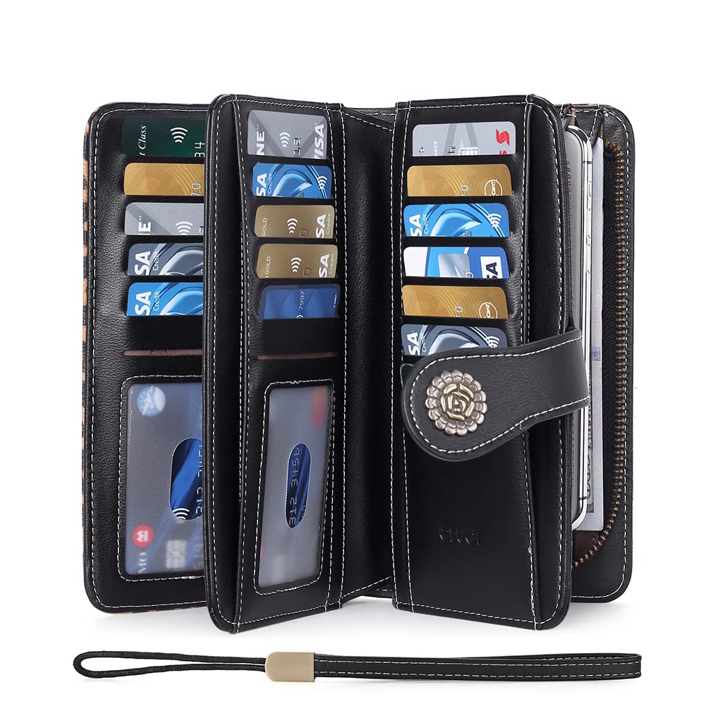 CLUCI Wallet for Women Leather Large Capacity Purse Wristlet Clutch RFID Blocking Credit Card Holder with ID Window Leopard