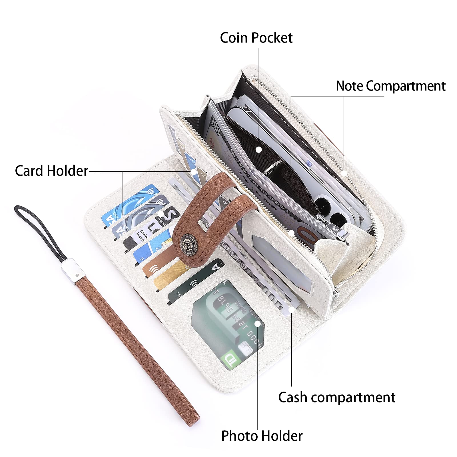 CLUCI Women Wallet Large Leather Designer Card Holder Organizer Long Ladies Travel Clutch Wristlet Coffee