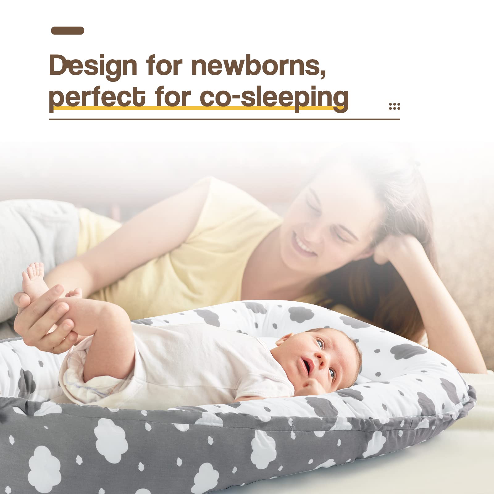 Baby Lounger Baby Nest Co Sleeping 100% Cotton Breathable Cover Sleeping Bed Cover for Newborn Nest Co Sleeping Bed Machine Washable,Grey Cloud