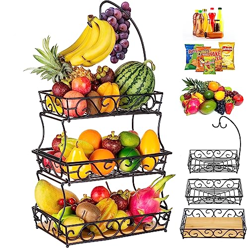 Fruit Basket Bowl, Vegetable Storage for Kitchen, 3-Tier Countertop Fruits Holder Rack with Banana Hanger, Food, Snack, and Bread Detachable Organizer Stand for Gift Large Capacity Fruit Tray