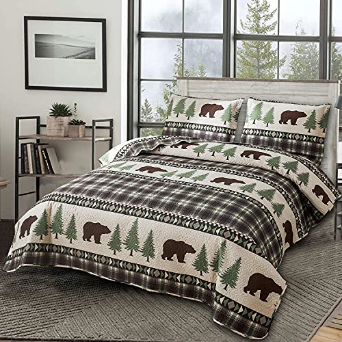 Quilt Set Queen Size Rustic Bedding Lodge Bed Quilts Queen Plaid Quilt Bed Spread Country Cabin Brown Bear Queen Quilt Bedding Lightweight Reversible Quilts Home Bedspread Coverlet with 2 Pillow Shams